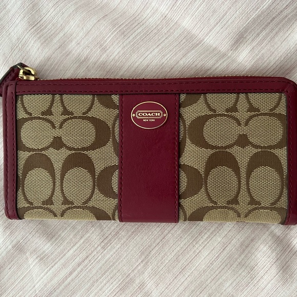 Coach | Bags | Coach Signature Canvas Wallet Burgundy | Poshmark